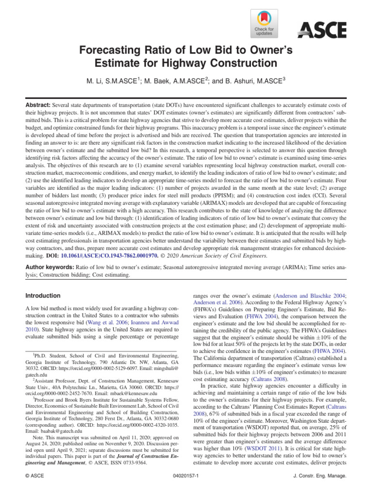 Forecasting Ratio of Low Bid To Owner S Estimate For Highway Construction | PDF | Autoregressive ...