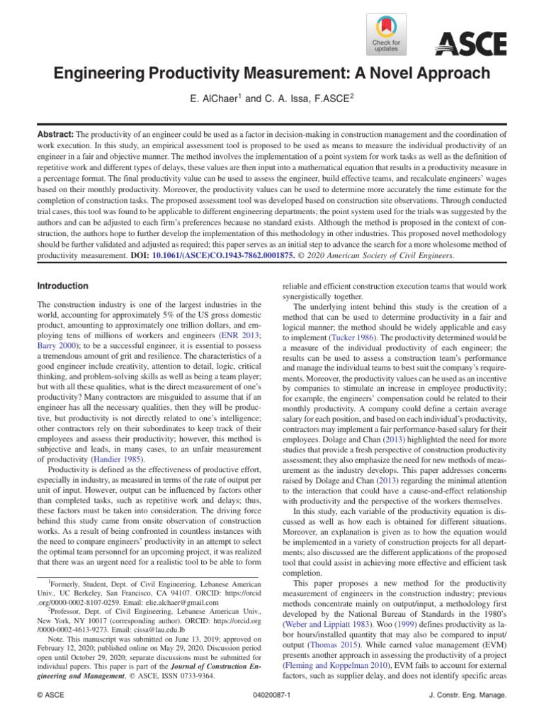 Engineering Productivity Measurement: A Novel Approach: E. Alchaer and C. A. Issa, F.Asce | PDF ...