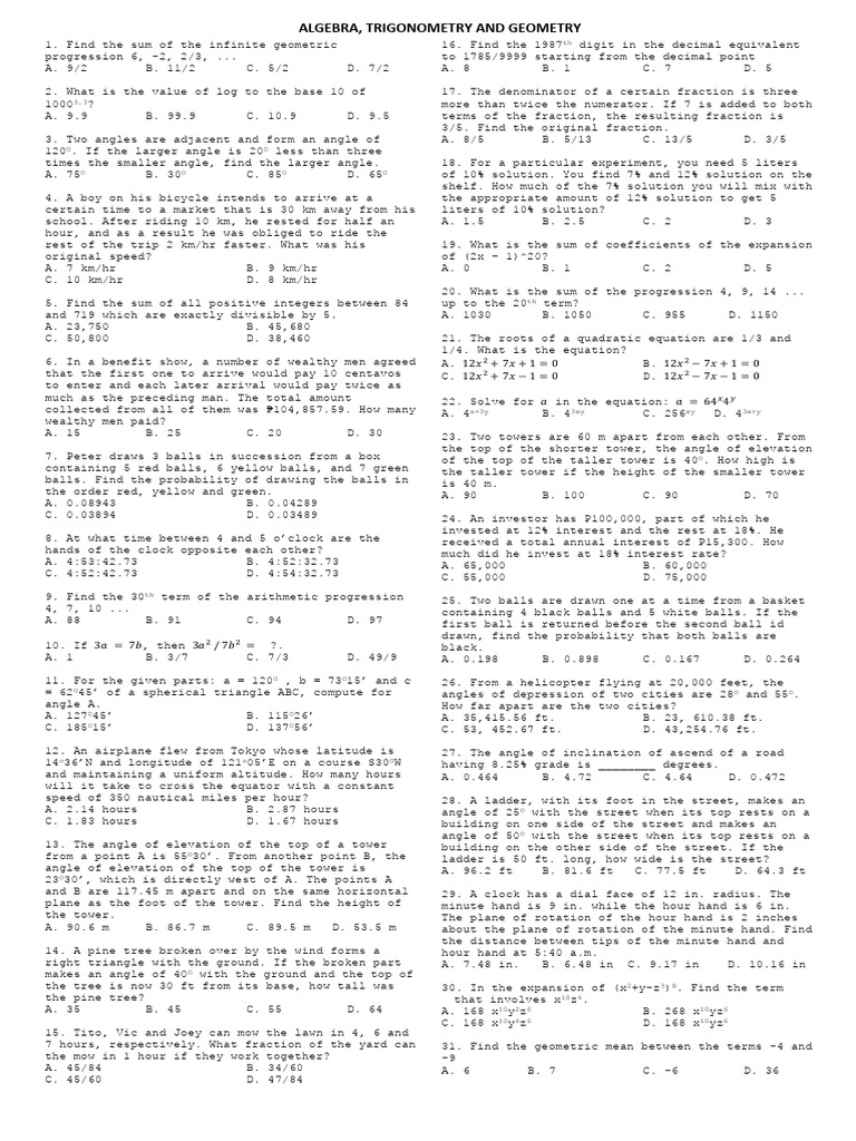 Refresher Exam Math | PDF | Area | Circle