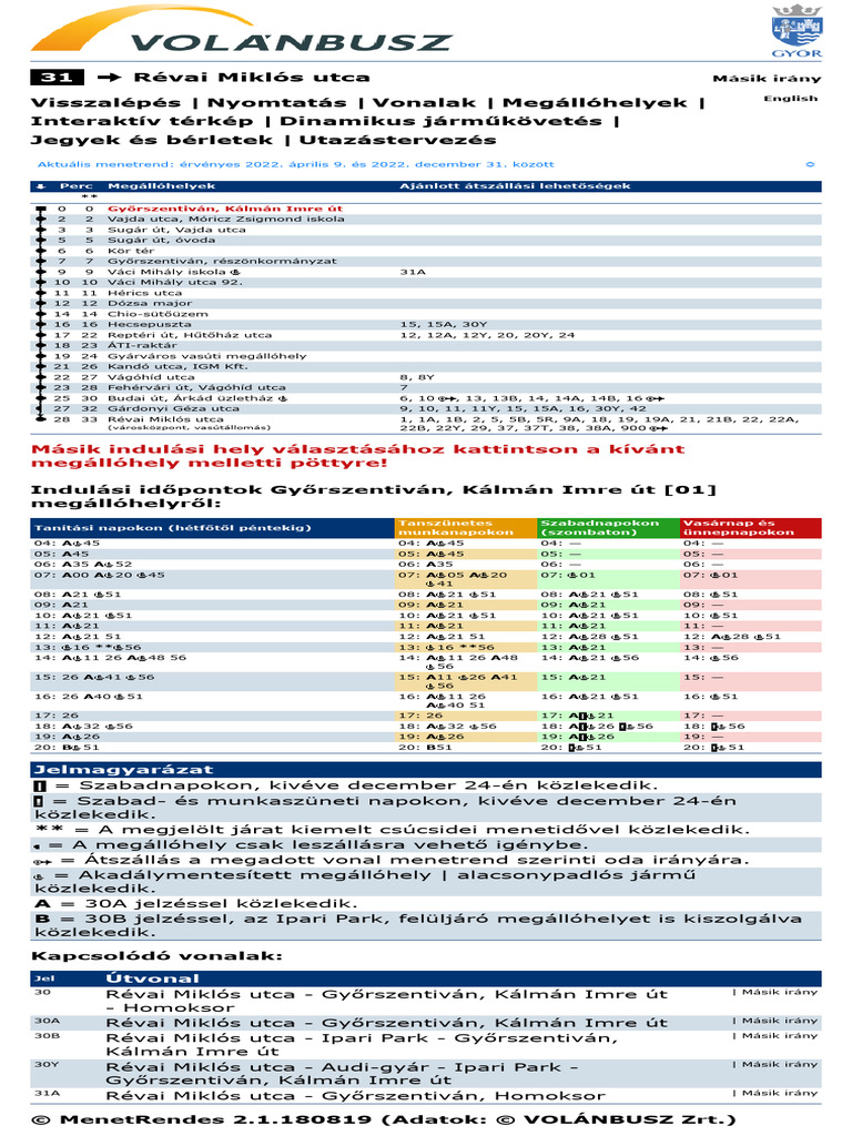Győr 31 Jelű Vonalának Menetrendje - MenetRendes - VOLÁNBUSZ ZRT 2 | PDF