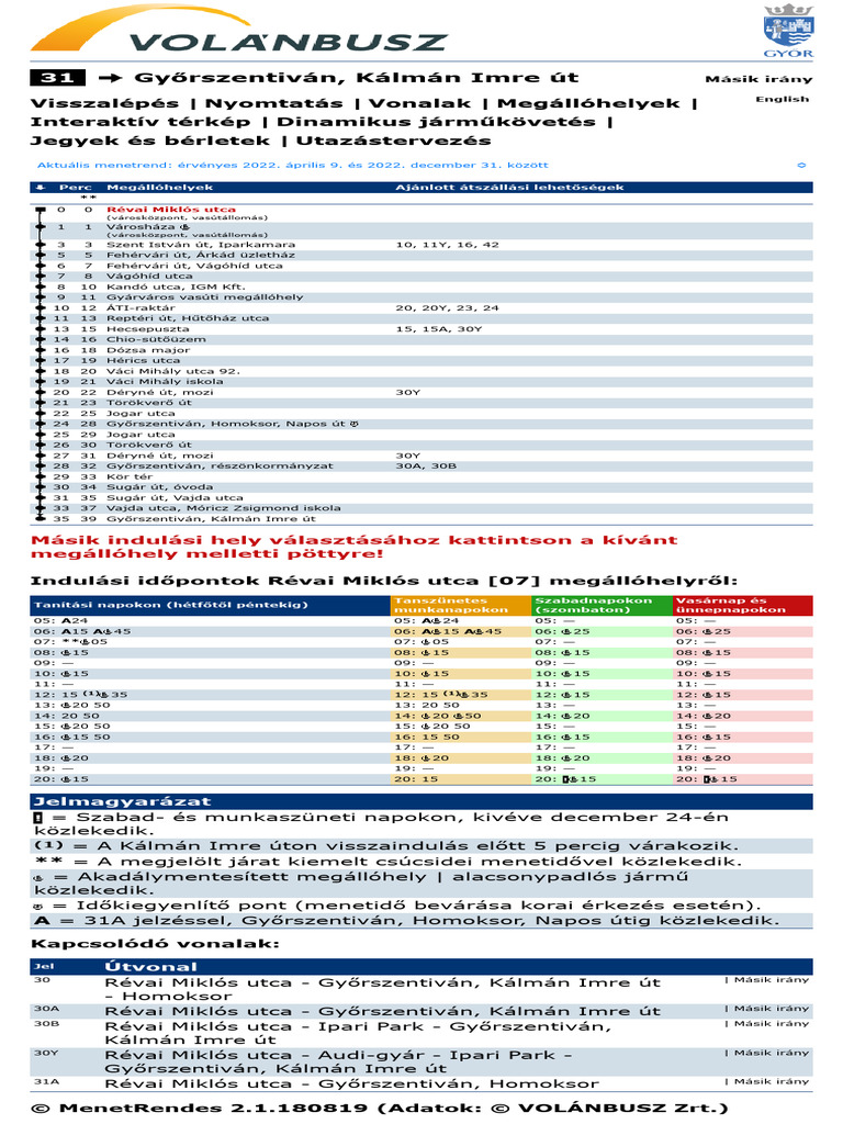 Győr 31 Jelű Vonalának Menetrendje - MenetRendes - VOLÁNBUSZ ZRT 3 | PDF