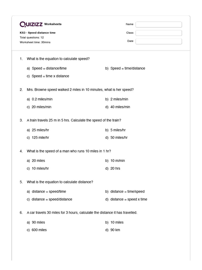 KS3 - Speed Distance Time - Quizizz | PDF | Speed | Metrology