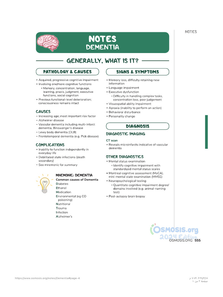 Dementia Notes - Diagrams & Illustrations - Osmosis | PDF