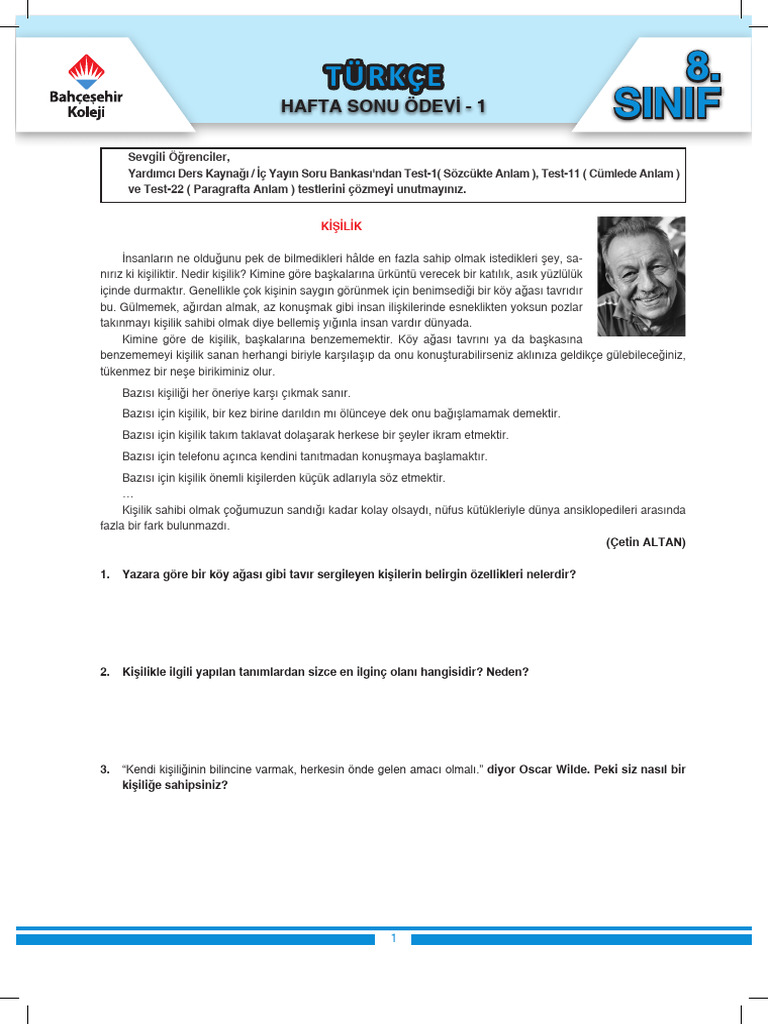 8 Sinif Turkce Hafta Sonu 01 1726225014 | PDF