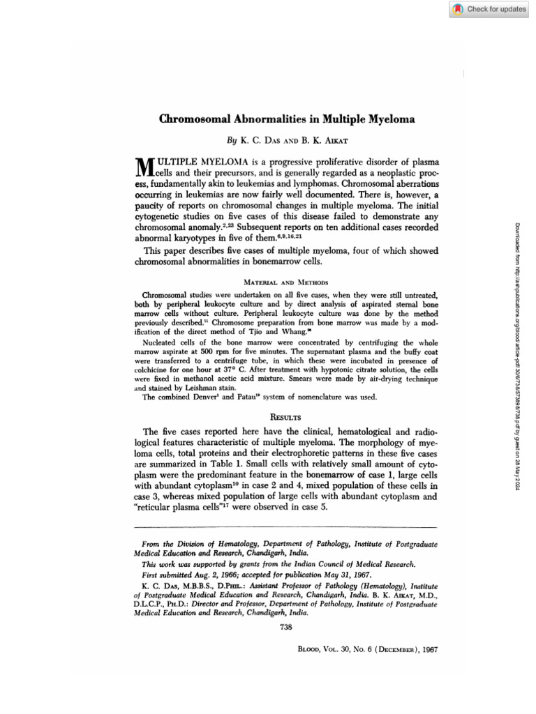 1967 chromosomal abnormalities in multiple myeloma | PDF | Karyotype | Chromosome