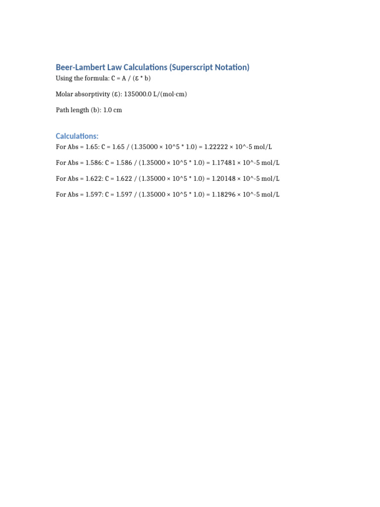 Beer-Lambert Law Concentration Calculations | PDF