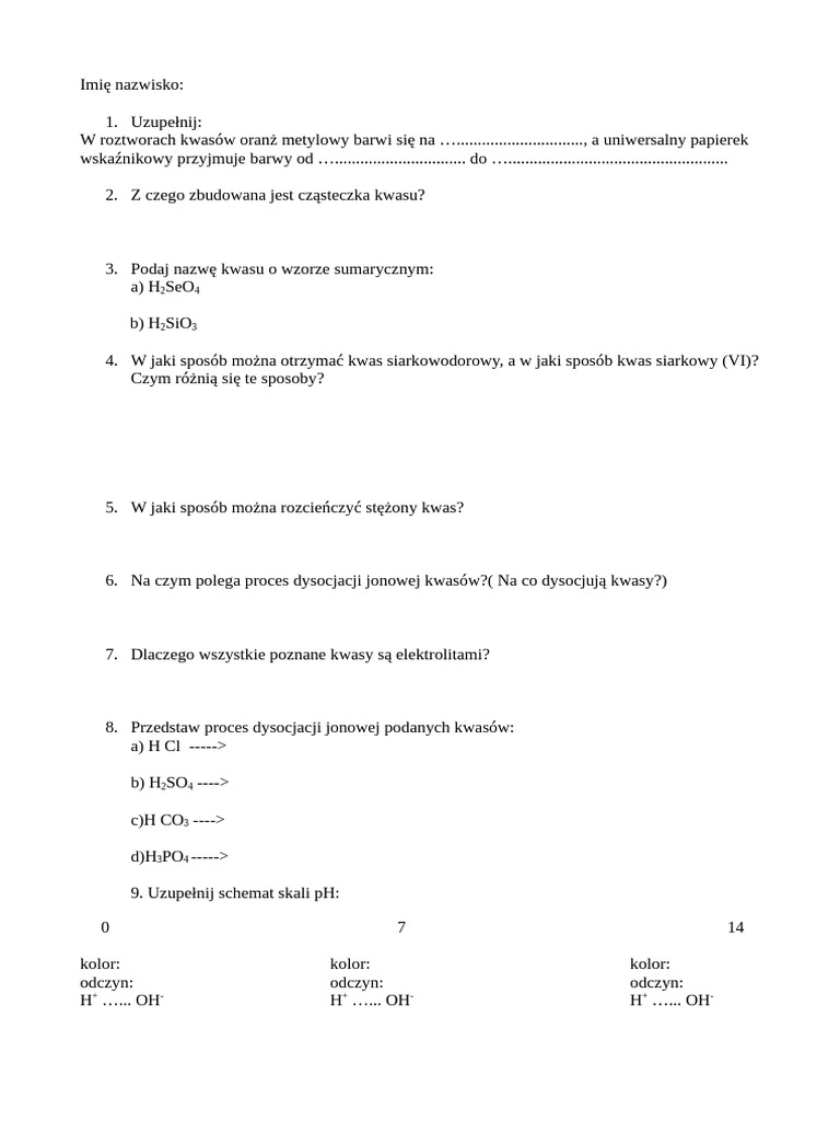 Kwasy - Klasa 8 Sprawdzian Chemia | PDF