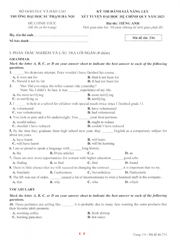 3a 1 DE Tieng Anh Ca SANG - 234 - DGNL - DHSPHN - 2023 | PDF