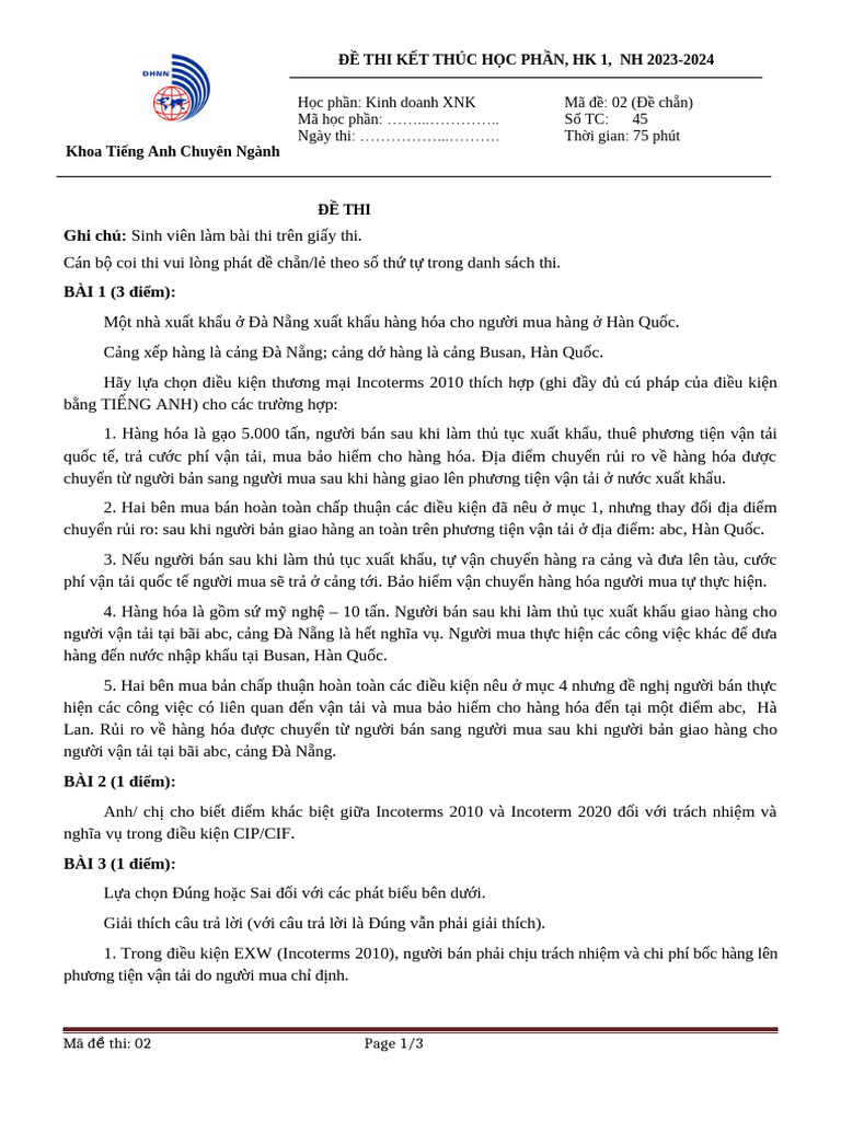 Đề Thi KTHP KDXNK Kỳ I 2023-2024 (Mã 02) | PDF