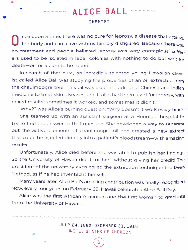 Alice Ball: Pioneer in Leprosy Treatment | PDF