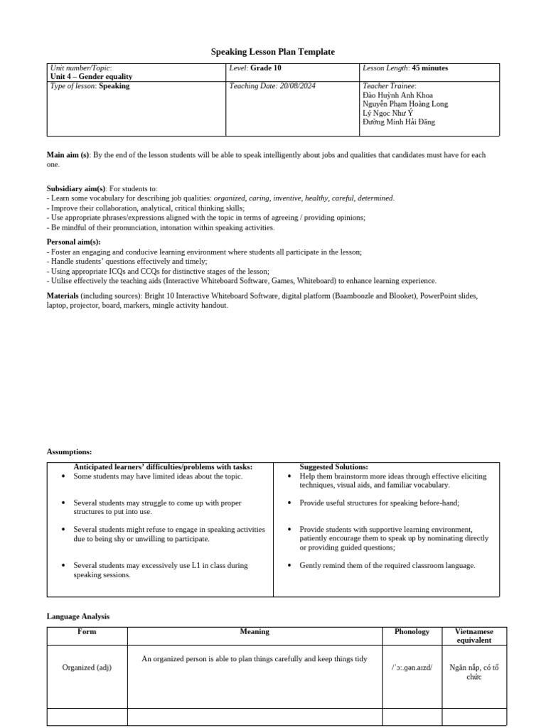 Speaking Group Lesson Plan | PDF | Vocabulary | Lesson Plan