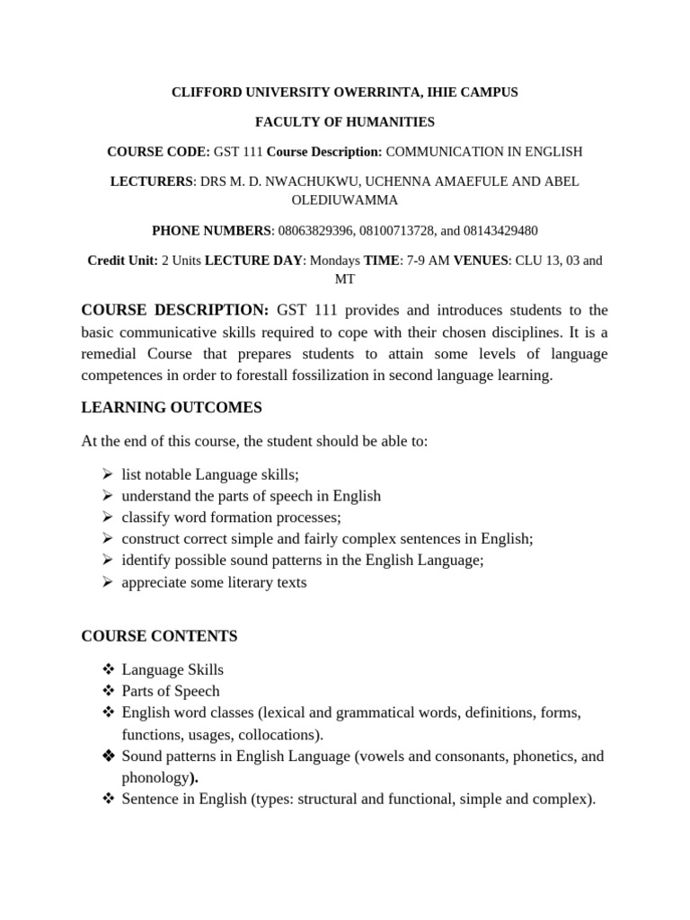 GST 111 Course Outline 061251 | PDF