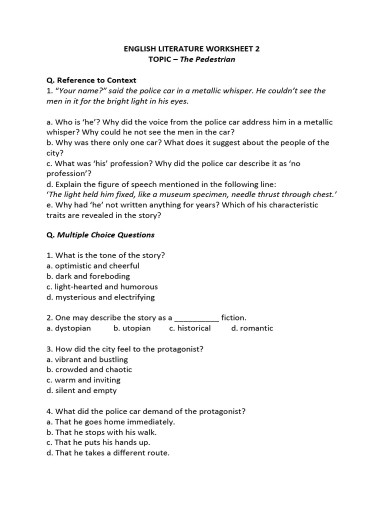 The Pedestrian: Context & Analysis Worksheet | PDF