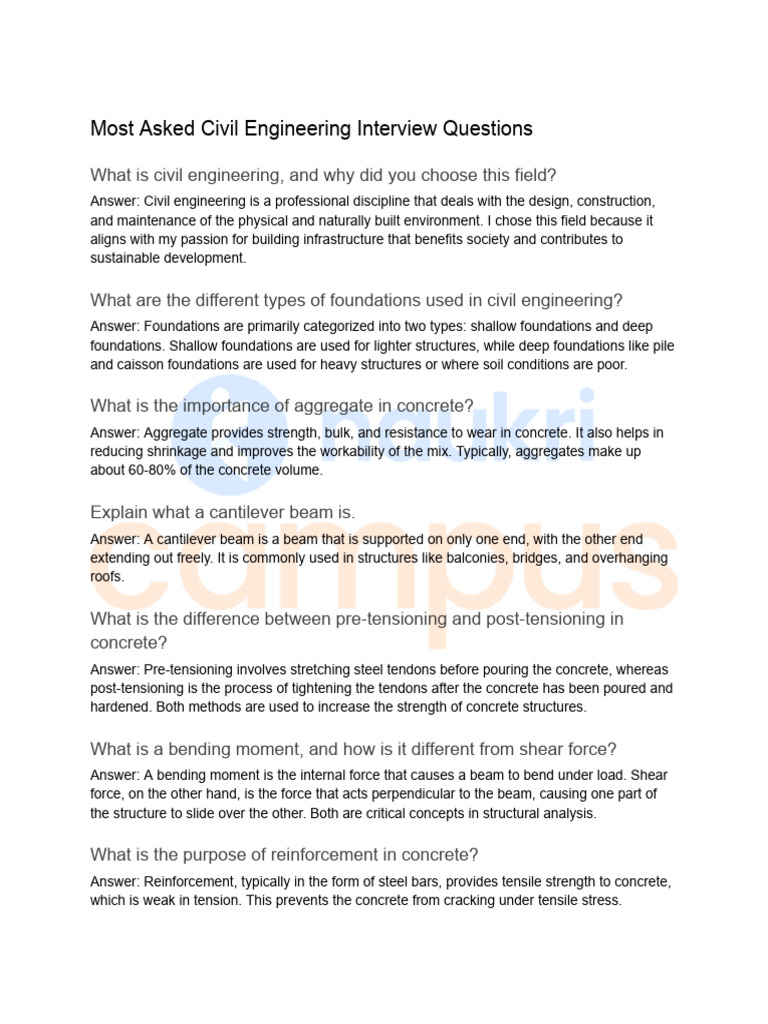 Essential Civil Engineering Interview Q&A | PDF | Concrete | Strength ...