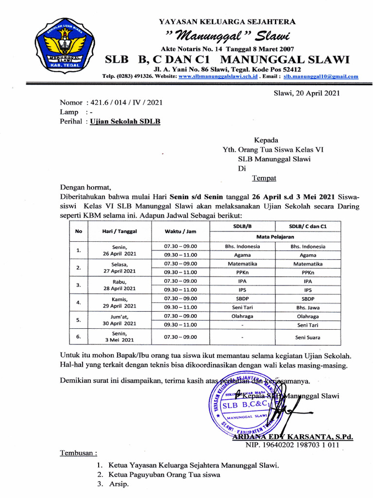 Surat Edaran Ujian Sekolah SDLB 2021 | PDF
