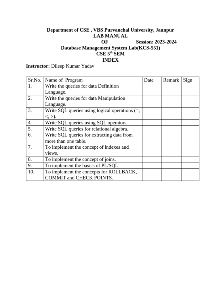 DBMS LAB CSE 5th Sem 2023-2024 | PDF