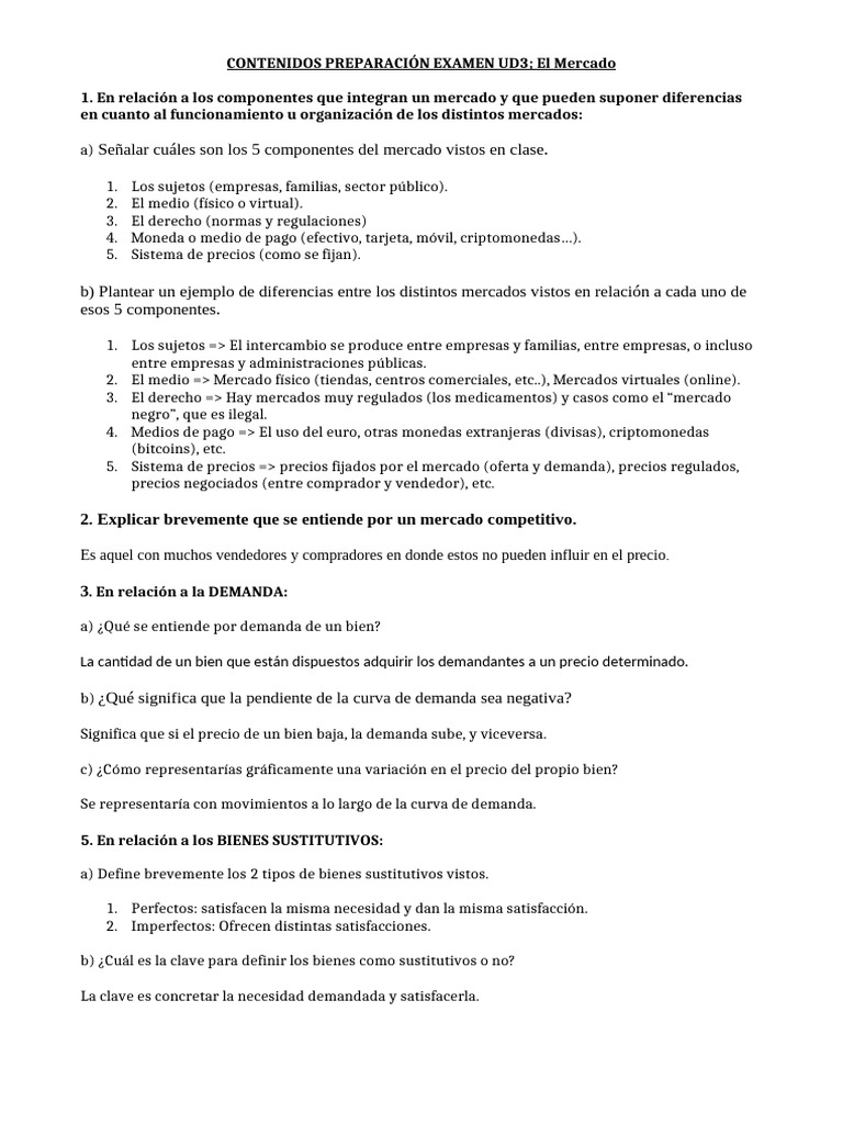 Contenidos Preparación Examen Ud3 El Mercado | PDF | Elasticidad (economía) | Oferta (economía)