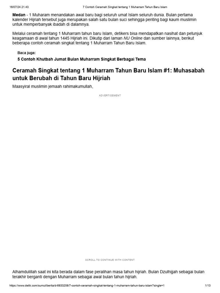 7 Contoh Ceramah Singkat Tentang 1 Muharram Tahun Baru Islam | PDF