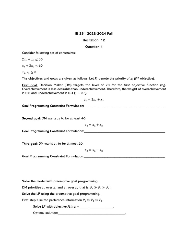 IE 251 2023-2024 Fall Recitation 12 | PDF