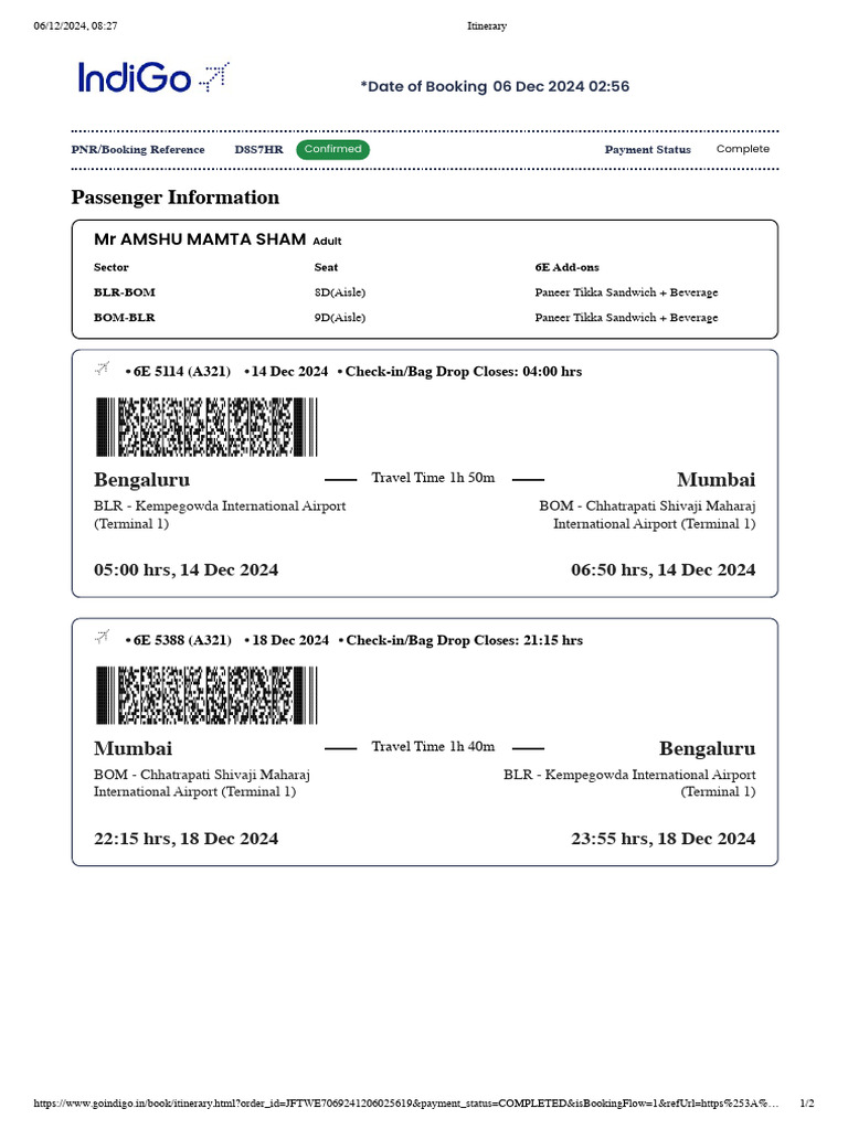 blr bom blr dec 14th | PDF | Transport | Aviation