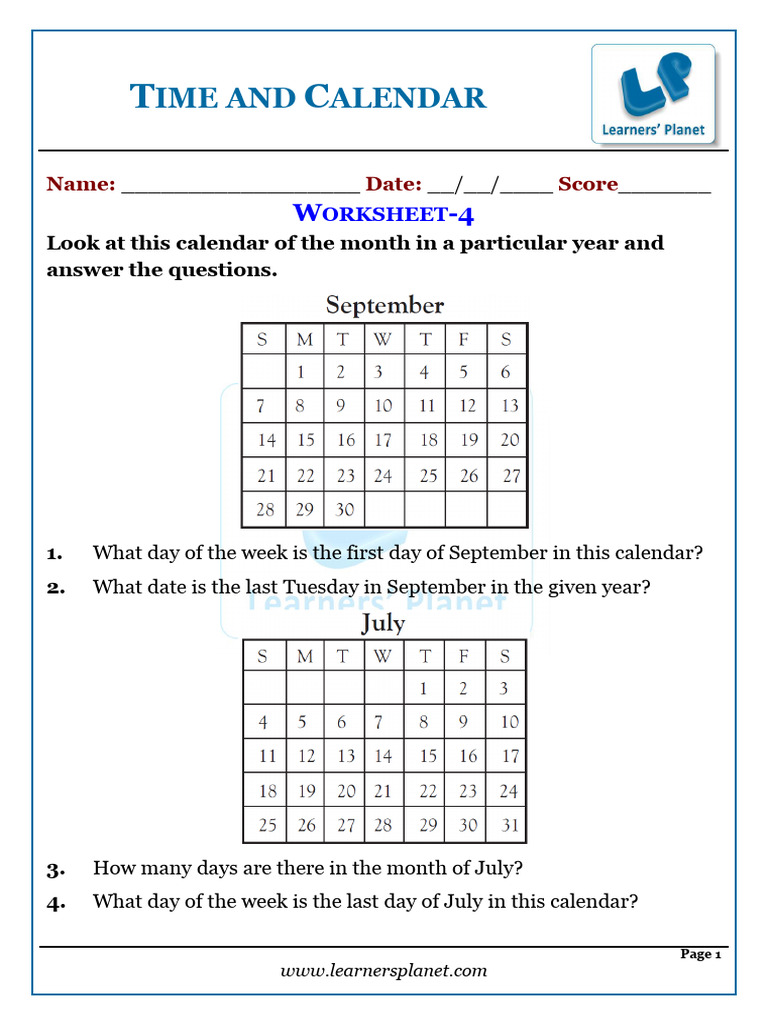 Grade 4 Time and Calendar Worksheet | PDF