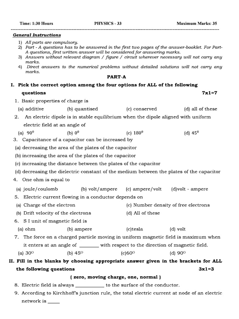 II Pu Unit Test - 1 Physcis Model QP | PDF