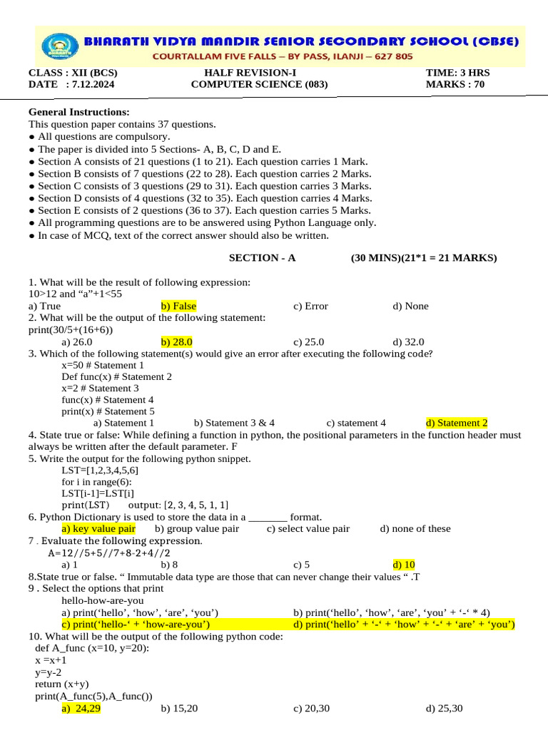 1st Half(Bcs) Ans | PDF | Comma Separated Values | Computer Science