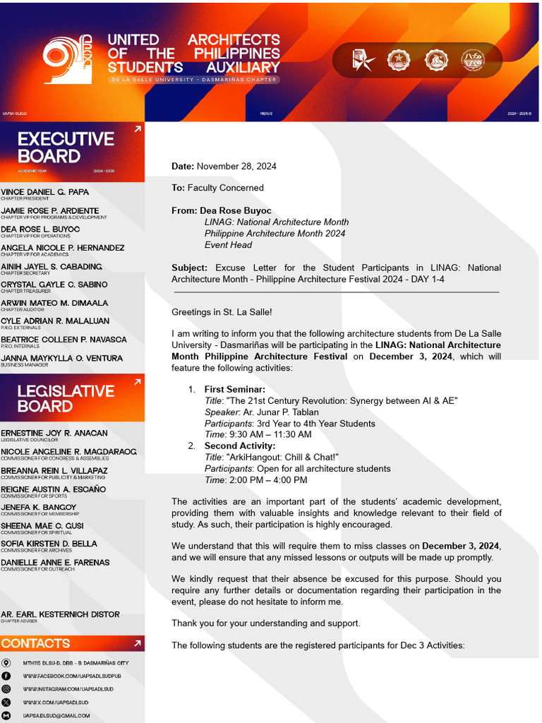 SEMINAR Excuse Letters NAMPAF | PDF