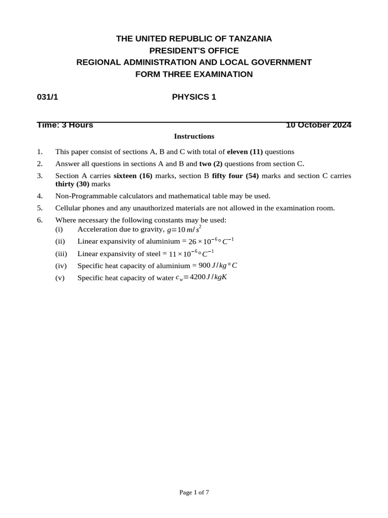 Form Three Physics Examination (QP) | PDF | Force | Friction