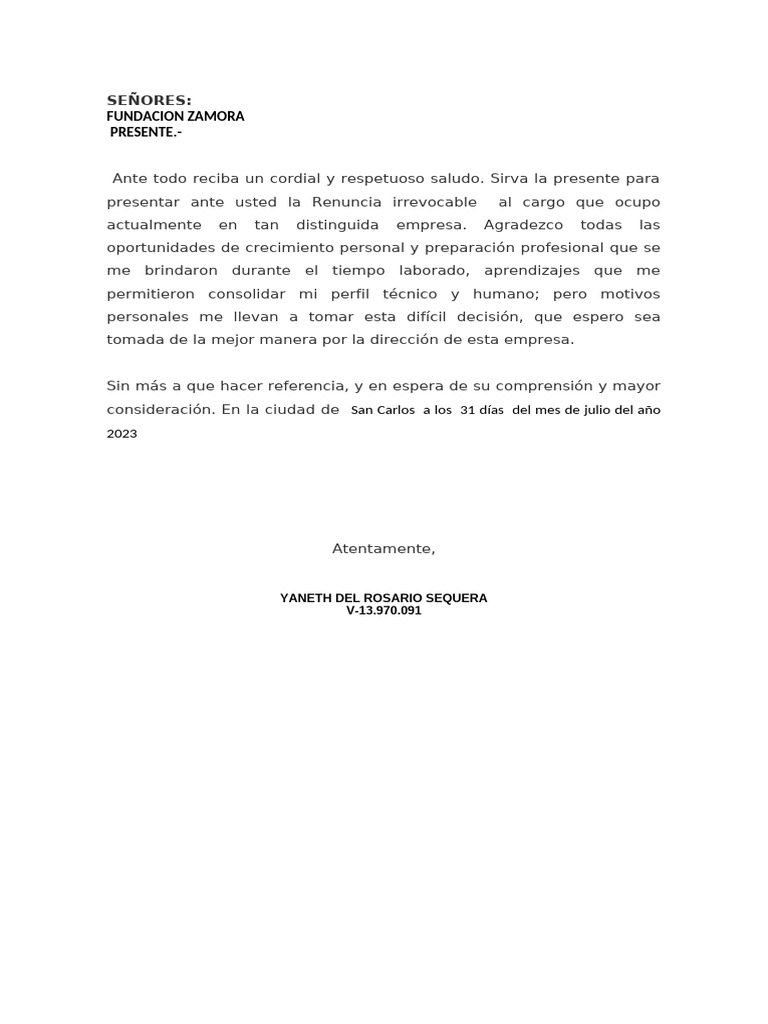 Renuncia Yaneth | PDF