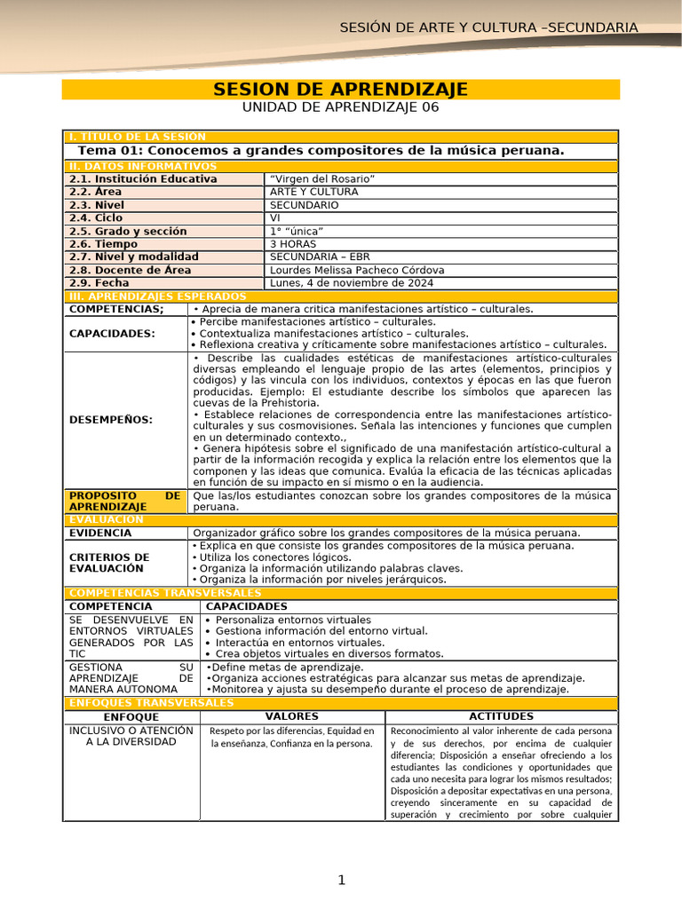 1° Sec. Sesion Actv 01. Arte y Cultura 2024 | PDF | Aprendizaje | Perú