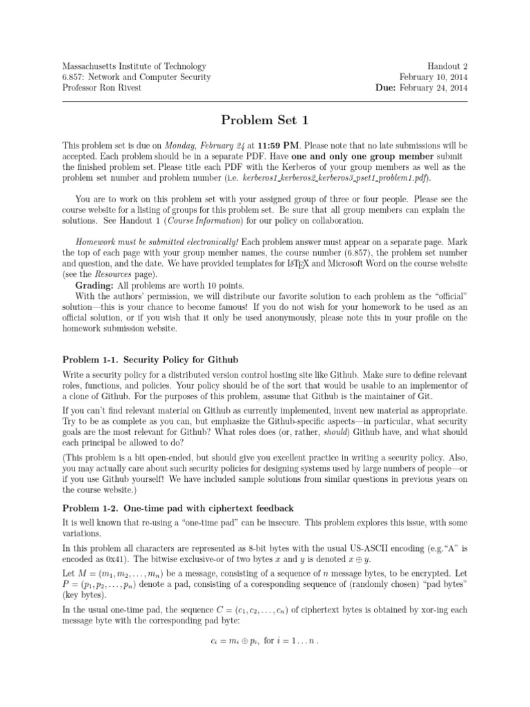 2825e14a2d781e1dc0e2fdd994639e34_MIT6_857S14_ps1 | PDF | Encryption | Applied Mathematics