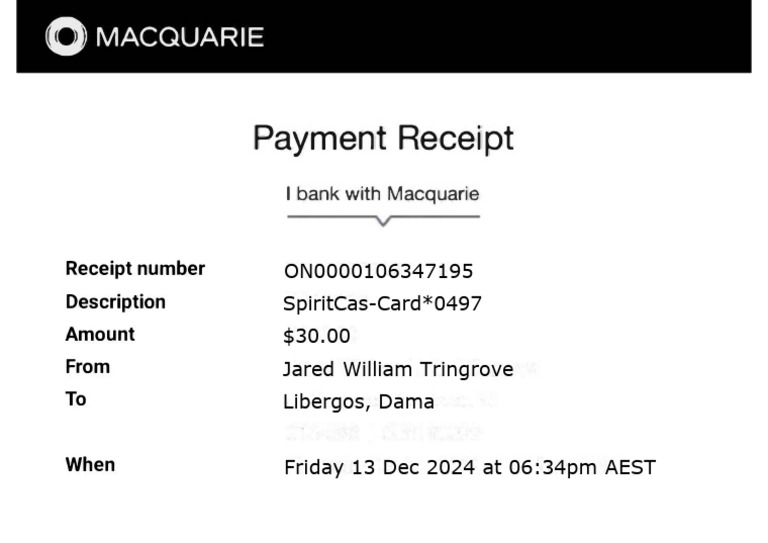Macquarie Payment Receipt | PDF