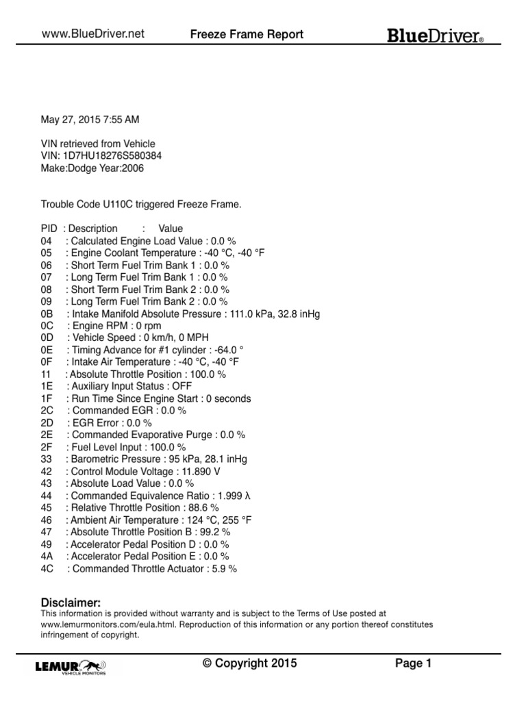 Sample BlueDriver Freeze Frame - 0 | PDF