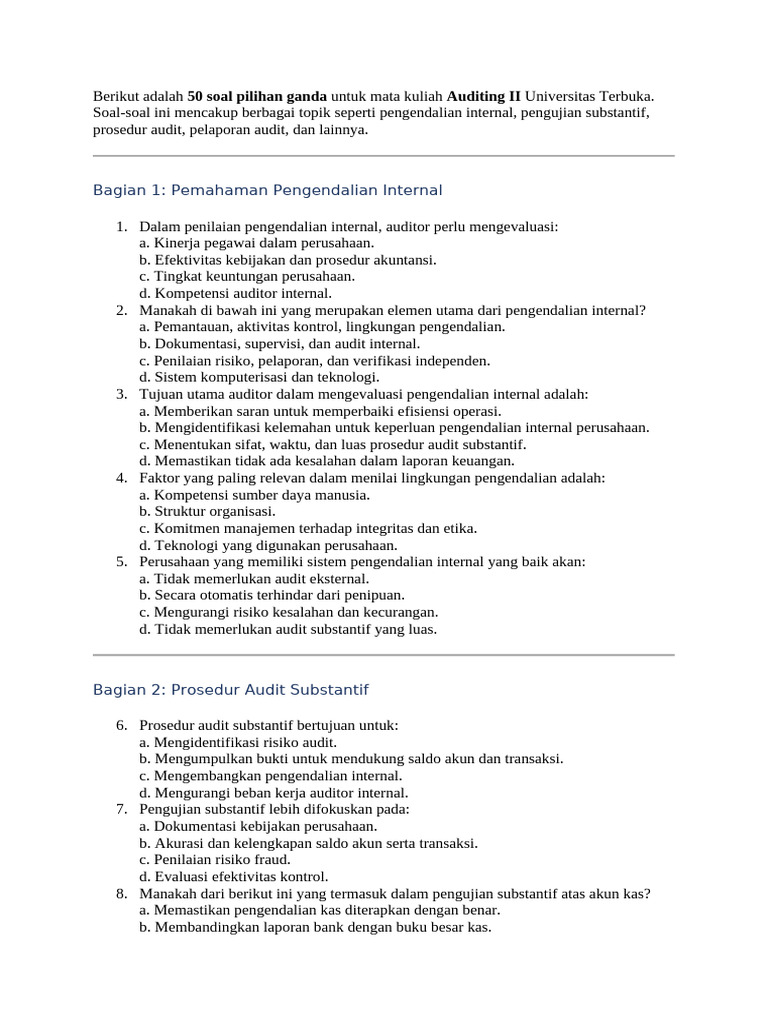 Berikut Adalah 50 Soal Pilihan Ganda Untuk Mata Kuliah Auditing II Universitas Terbuka | PDF