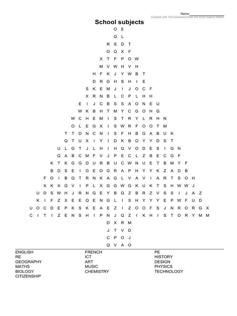 Wordsearch School Subjects | PDF | Science
