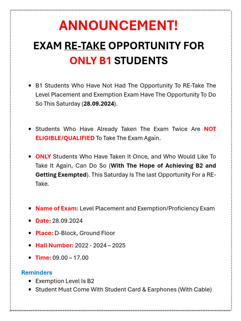 B1 Exam Re-Take Opportunity on 28.09.2024 | PDF