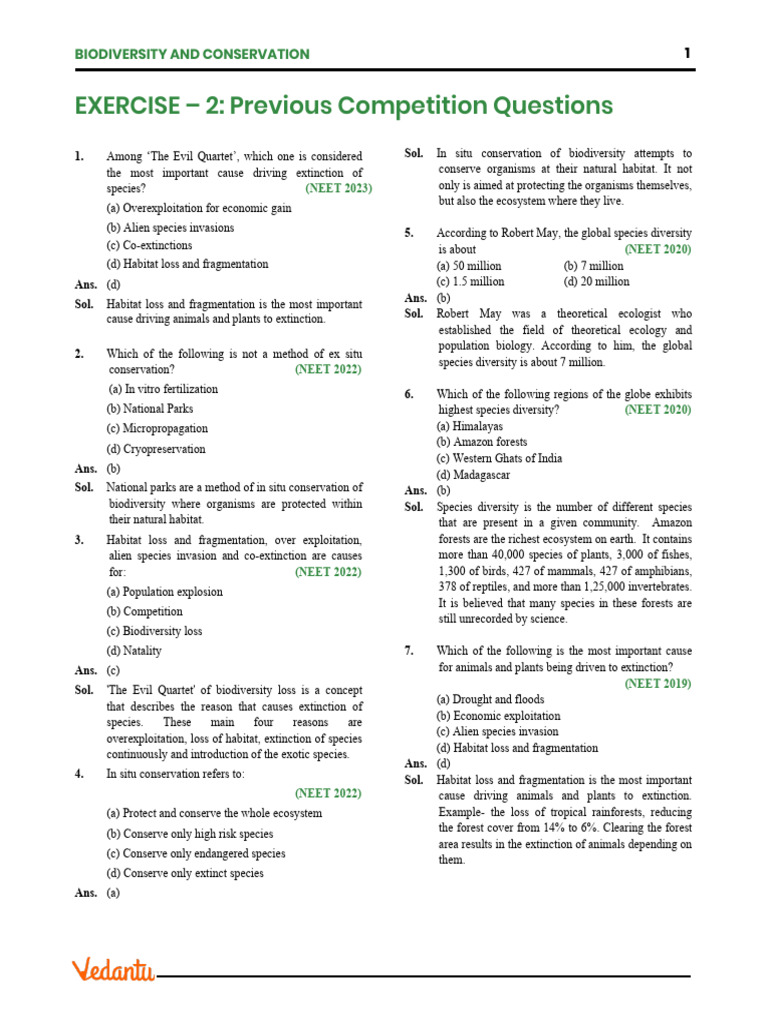 Biodiversity Conservation Quiz Questions | PDF | Conservation Biology ...