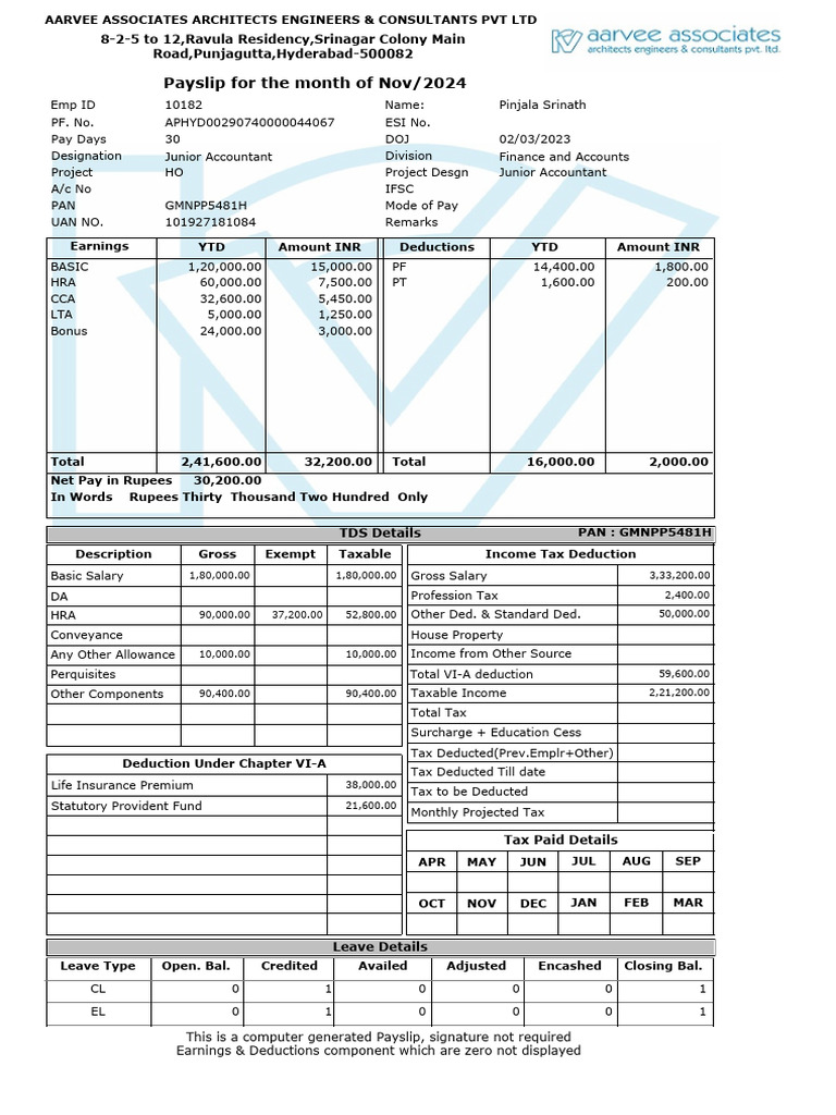 Nov 2024 Junior Accountant Payslip | PDF | Tax Deduction | Economies