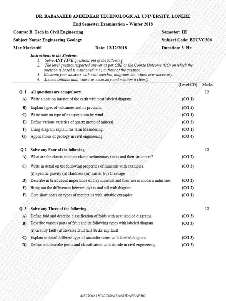 Btech Civil 3 Sem Engineering Geology btcvc306 Dec 2018 | PDF | Earth Sciences | Geology