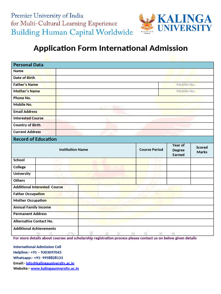 International Admission Form Details | PDF