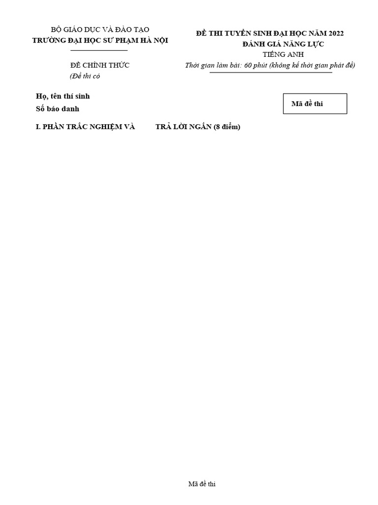 De Thi Tieng Anh DGNL DHSPHN 2022 Ca - SANG | PDF | Air Conditioning ...