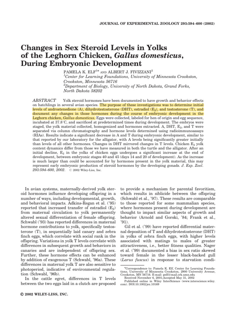 Changes in Sex Steroid Levels in Yolks Chicken | PDF | Chicken | Egg