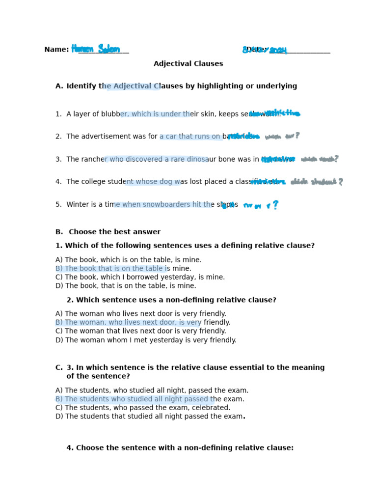 Adjectival Clauses Activities Copy | PDF