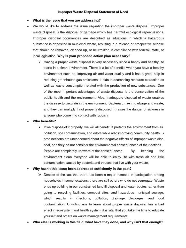 Improper Waste Disposal Statement of Need | PDF | Waste | Waste Management