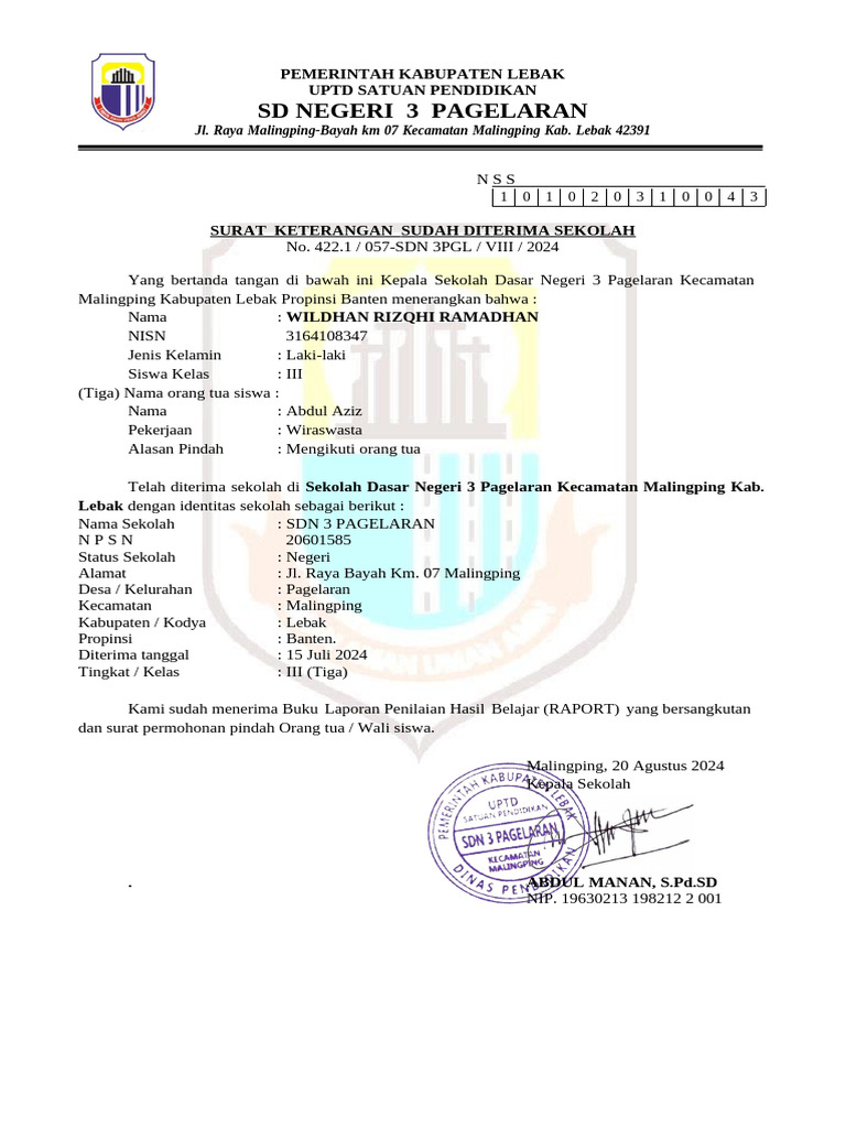 Surat Diterima Sekolah | PDF