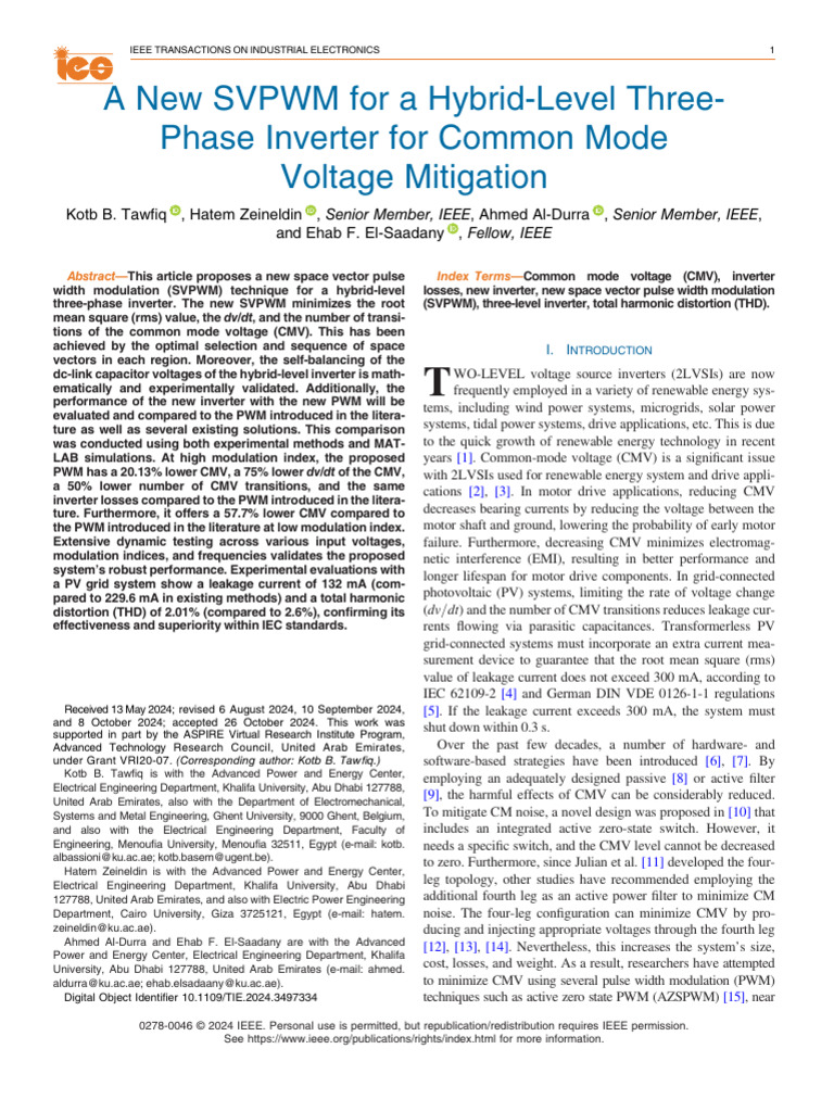 A New Svpwm For A Hybrid Level Three Phase Inverter For Common Mode Voltage Mitigation Pdf