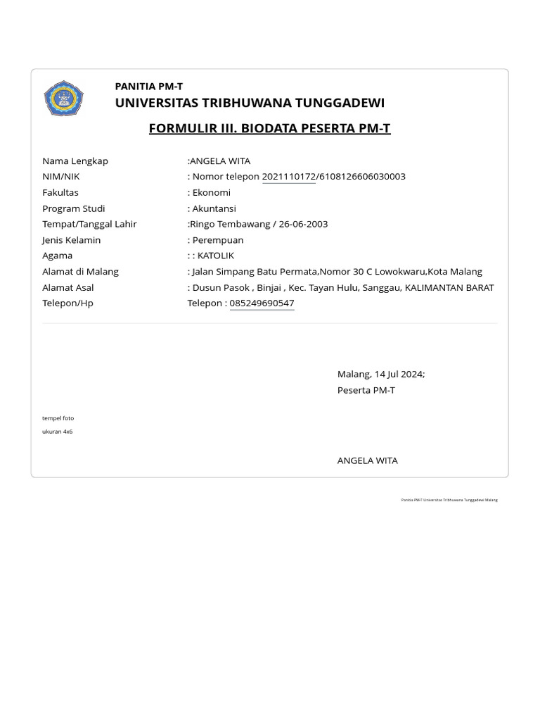 Formulir Biodata | Unit PM-T Online | PDF