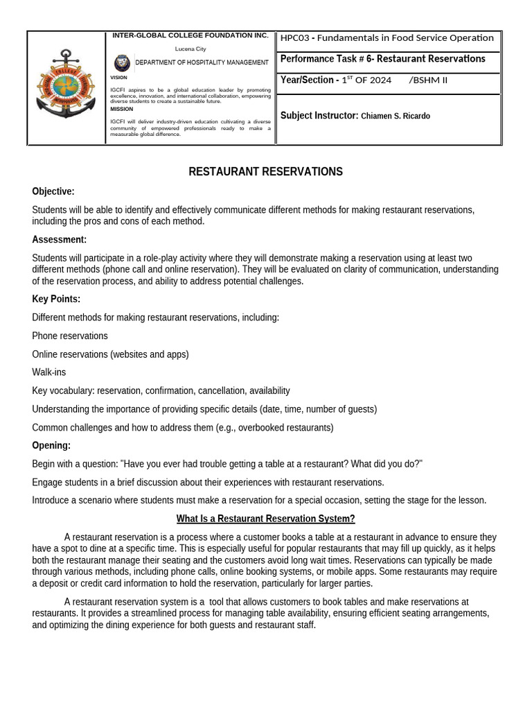 module-6-reservation | PDF | Restaurants