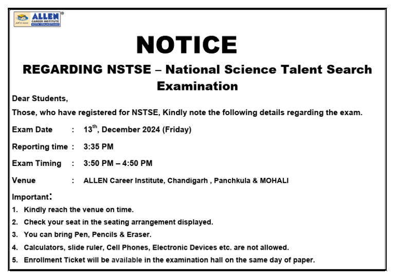 Nstse Notice | PDF
